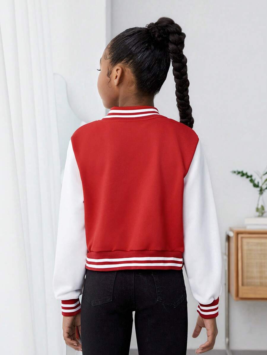 Shein Tween Girl Letter Patched Striped Trim Colorblock Varsity Jacket
