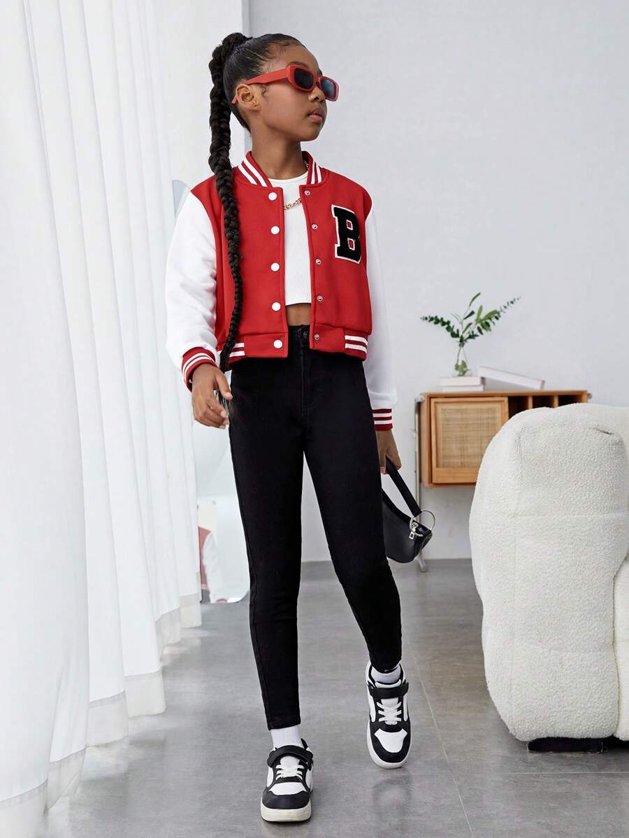 Shein Tween Girl Letter Patched Striped Trim Colorblock Varsity Jacket