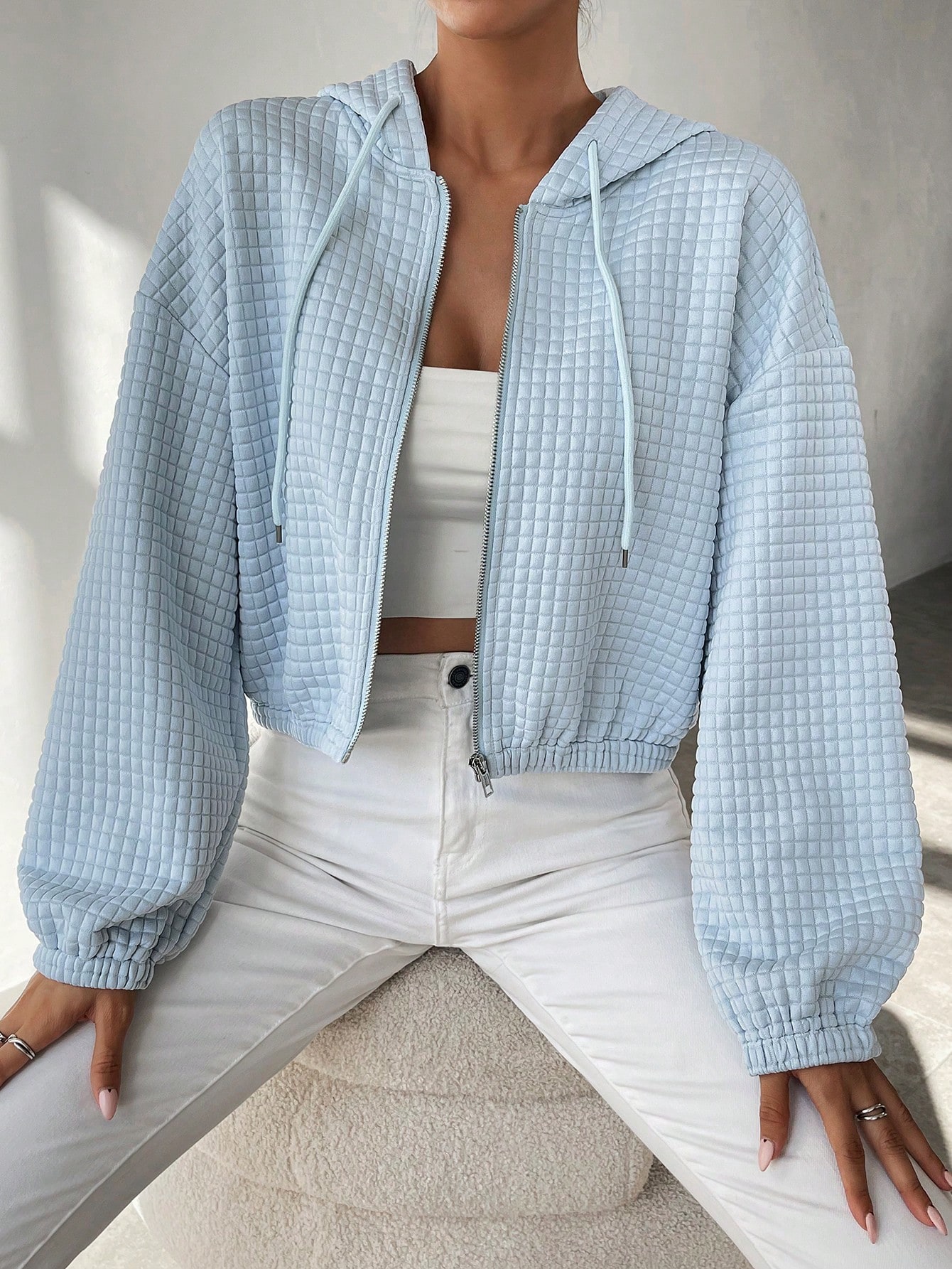 SHEIN Essnce Drop Shoulder Drawstring Zipper Hooded Crop Drawstring ...