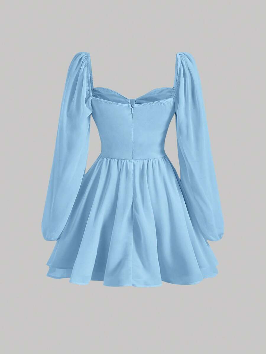 SHEIN MOD Folds Blue Spring Dress Spring Break Sweetheart Neck Lantern ...