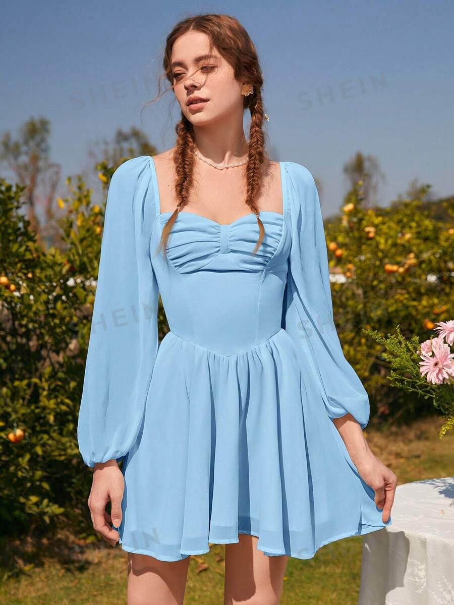 SHEIN MOD Folds Blue Spring Dress Spring Break Sweetheart Neck Lantern ...