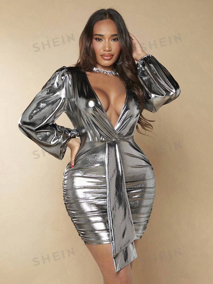 SHEIN BAE Plunging Neck Lantern Sleeve Draped Ruched Metallic Bodycon Dress | SHEIN USA