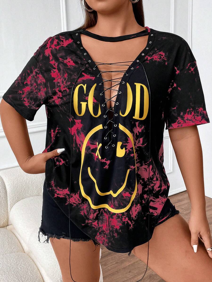 SHEIN MOOSTA Plus Tie Dye Letter Graphic Cut Out Front Tee For Summer ...