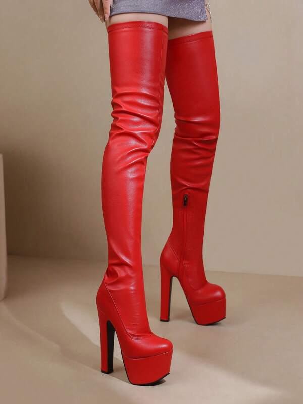 Red Fashionable Ladies' Pu Leather High Platform Knee-high Boots, Sexy ...