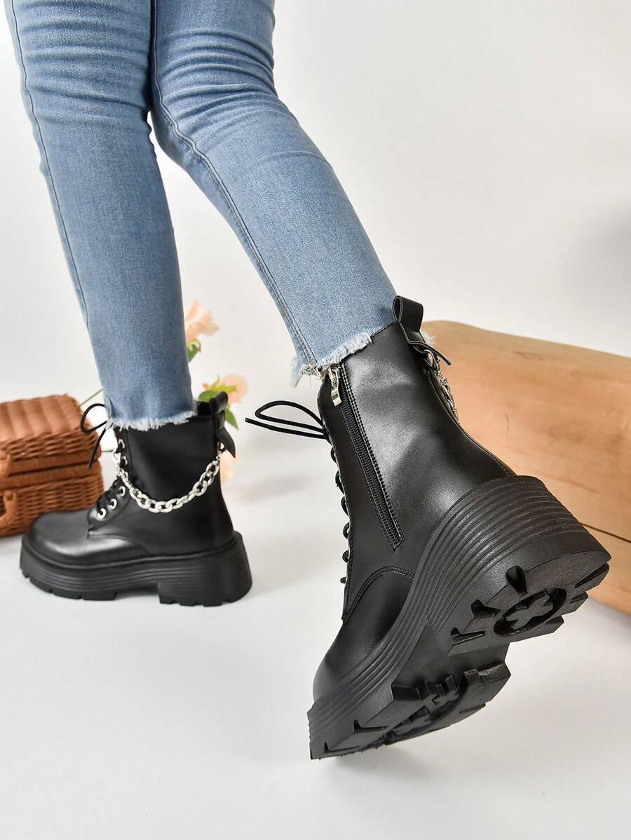 Ladies' Fashionable Combat Boots With Chain Decorated Strap And Front ...