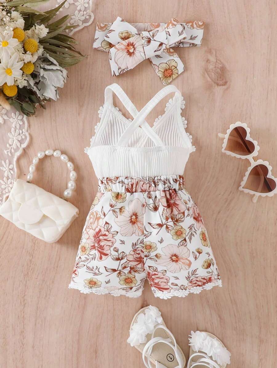 SHEIN Baby Girl Floral Print Appliques Crisscross Back Cami Romper for ...