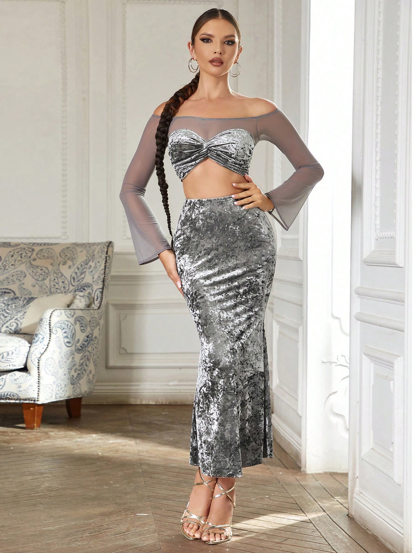 Crop Top Mit Kontrast Netzstoff And Rock Mit Meerjungfrau Saum Aktuelle