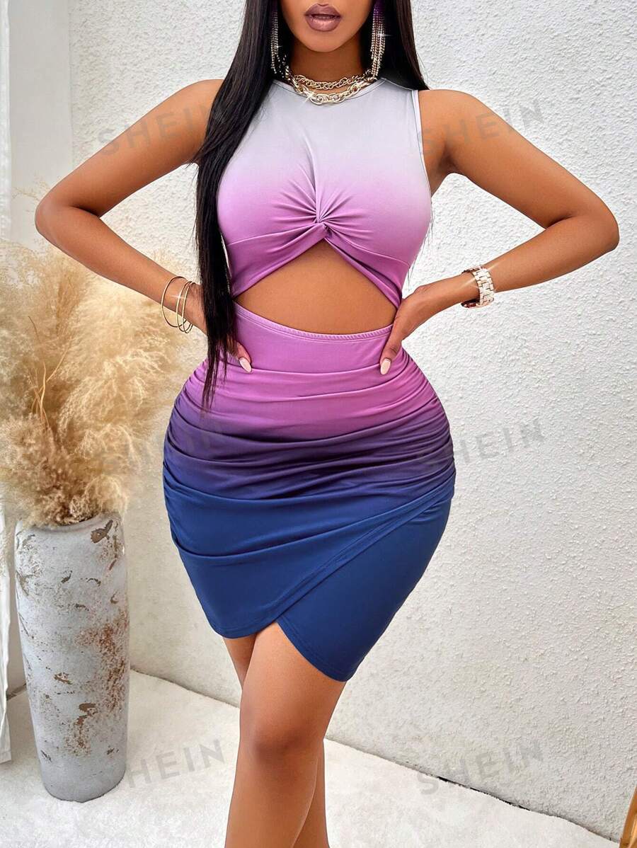 Shein Lune Ombre Twist Front Cut Out Ruched Side Tulip Hem Bodycon