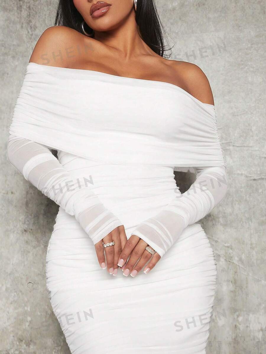 SHEIN SXY Spring And Summer Elegant White Long-Sleeved Off-Shoulder Pleated Mesh Bodycon Dress ...