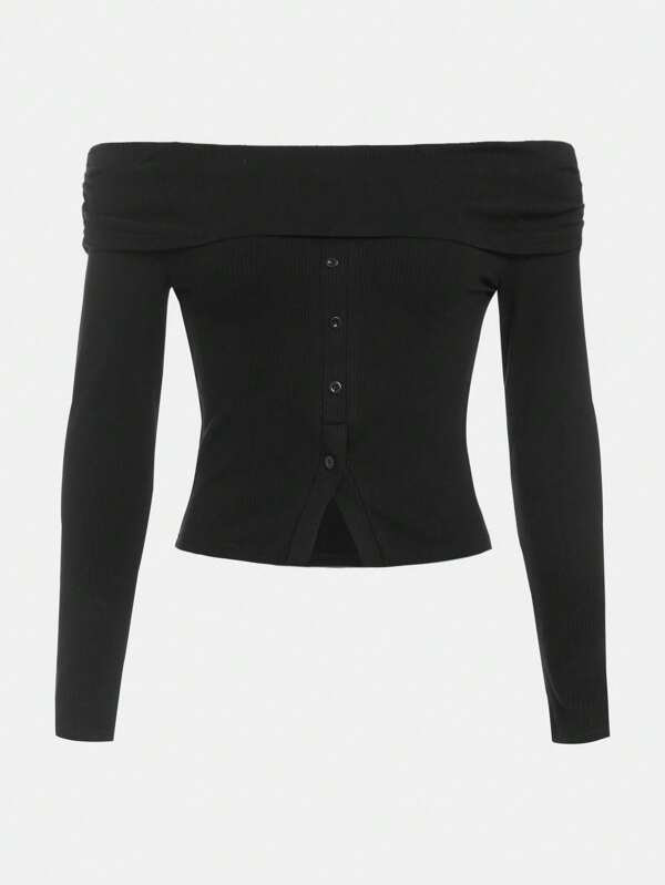 Teen Girl Foldover Off Shoulder Button Front Tee | SHEIN USA