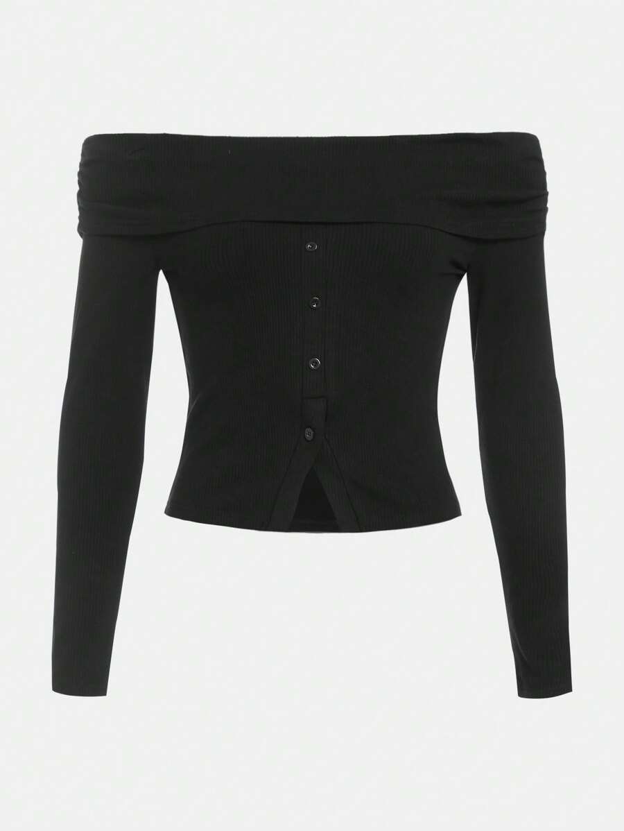 Teen Girl Foldover Off Shoulder Button Front Tee | SHEIN USA