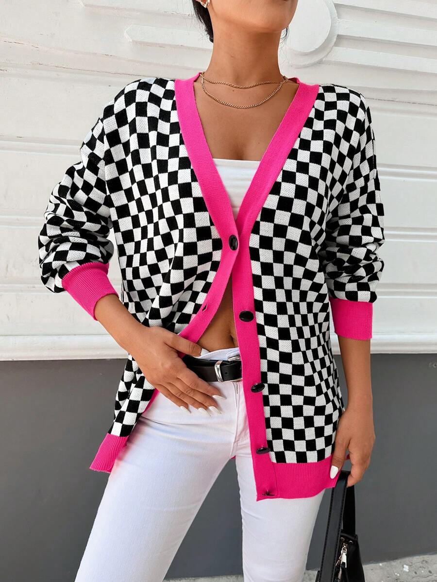 Checker Pattern Contrast Trim Cardigan | SHEIN EUQS