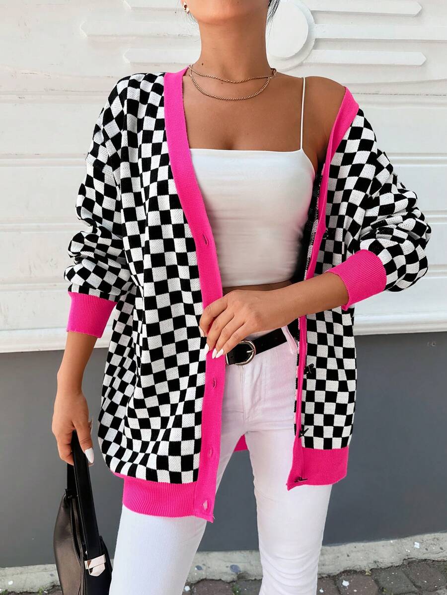 Checker Pattern Contrast Trim Cardigan | SHEIN EUQS