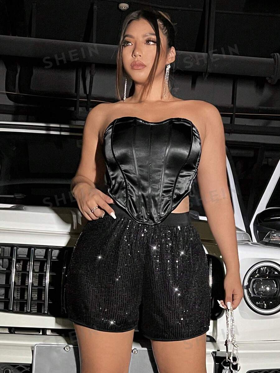 SHEIN BAE Plus Decoração De Lantejoulas Shorts | SHEIN Brasil