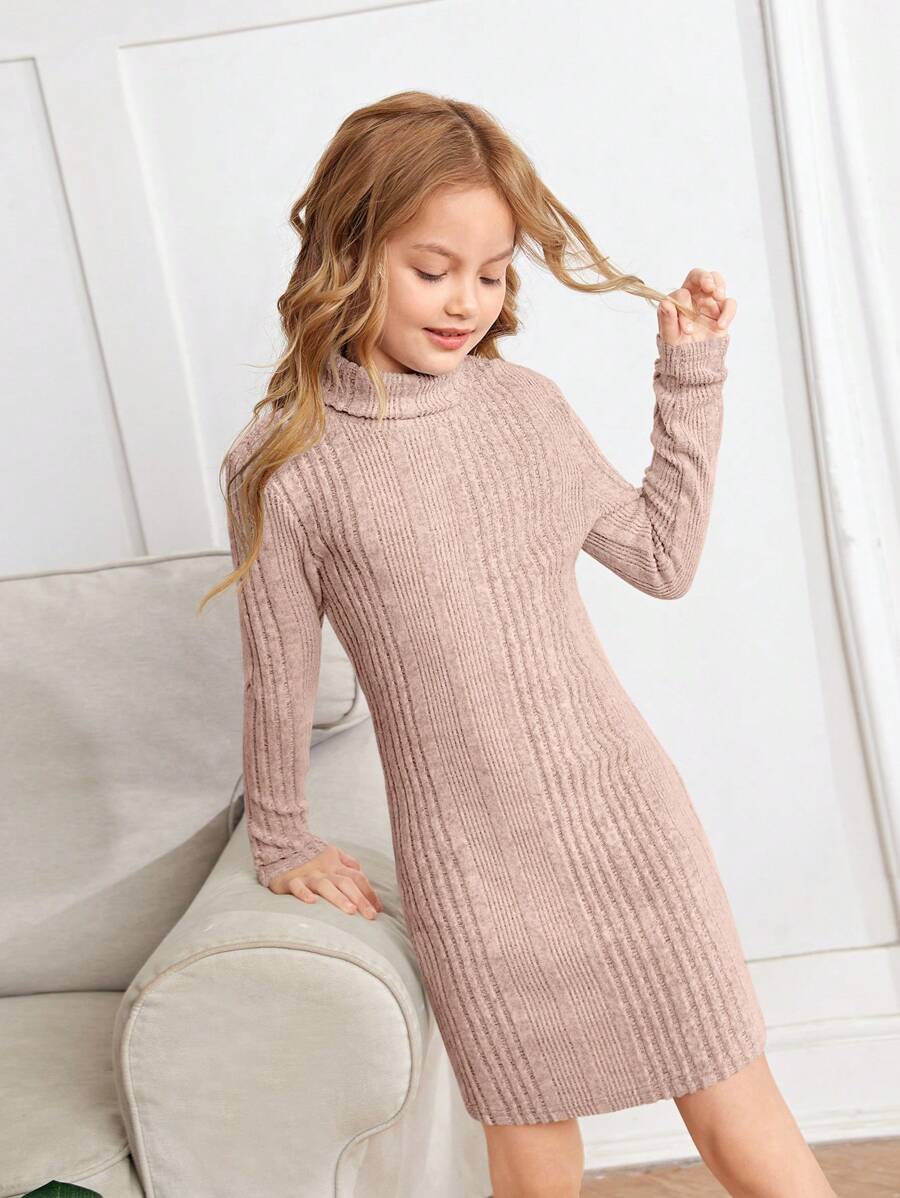 SHEIN Tween Girl Slim Fit Long Sleeve Turtleneck Striped Knitted Dress ...
