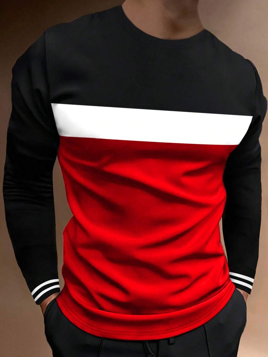 Manfinity Homme Men Color Block Striped Trim Casual Long Sleeve Tee, Boyfriend Gift, For Work ...