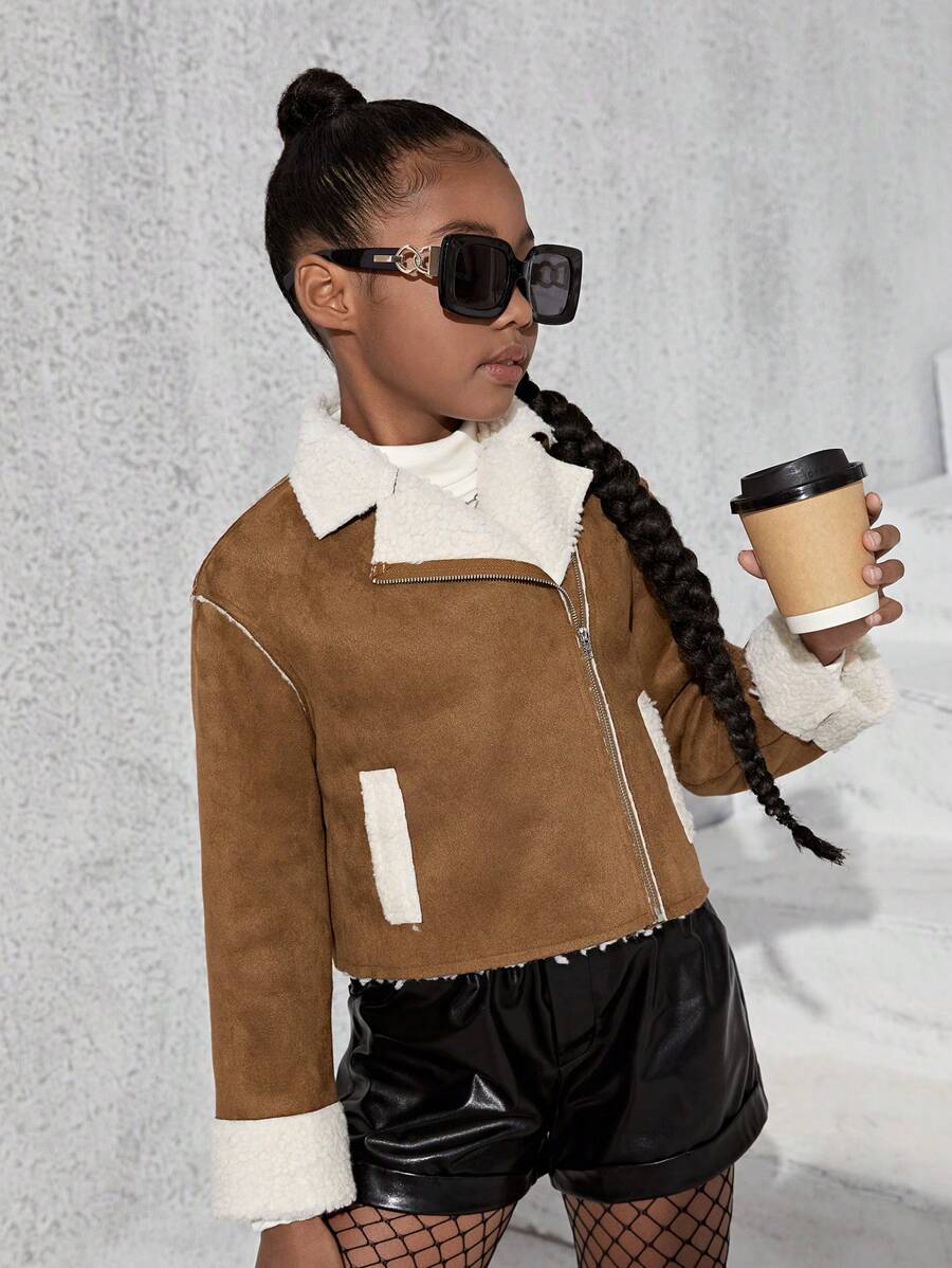 SHEIN Tween Girl Teddy Panel Zip Up Jacket | SHEIN USA