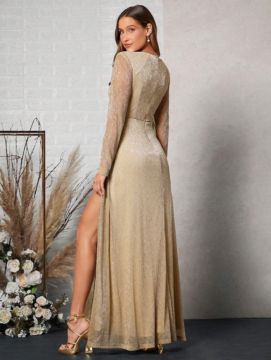SHEIN Belle Split Thigh Glitter Formal Dress Elegant Long Sleeve Prom ...
