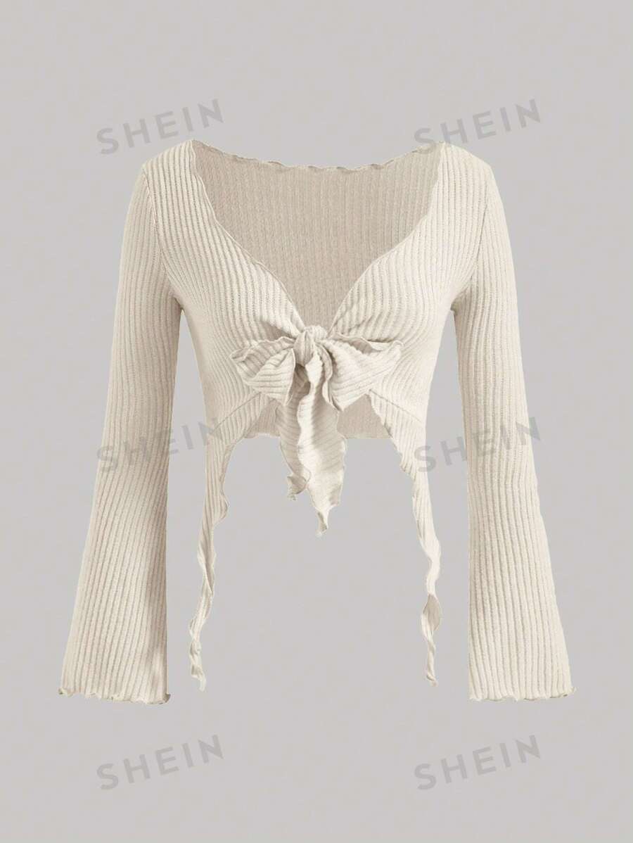 SHEIN ICON Blusa Corta Y2k Con Mangas De Trompeta, Atada En La Parte Delantera Con Diseño De ...