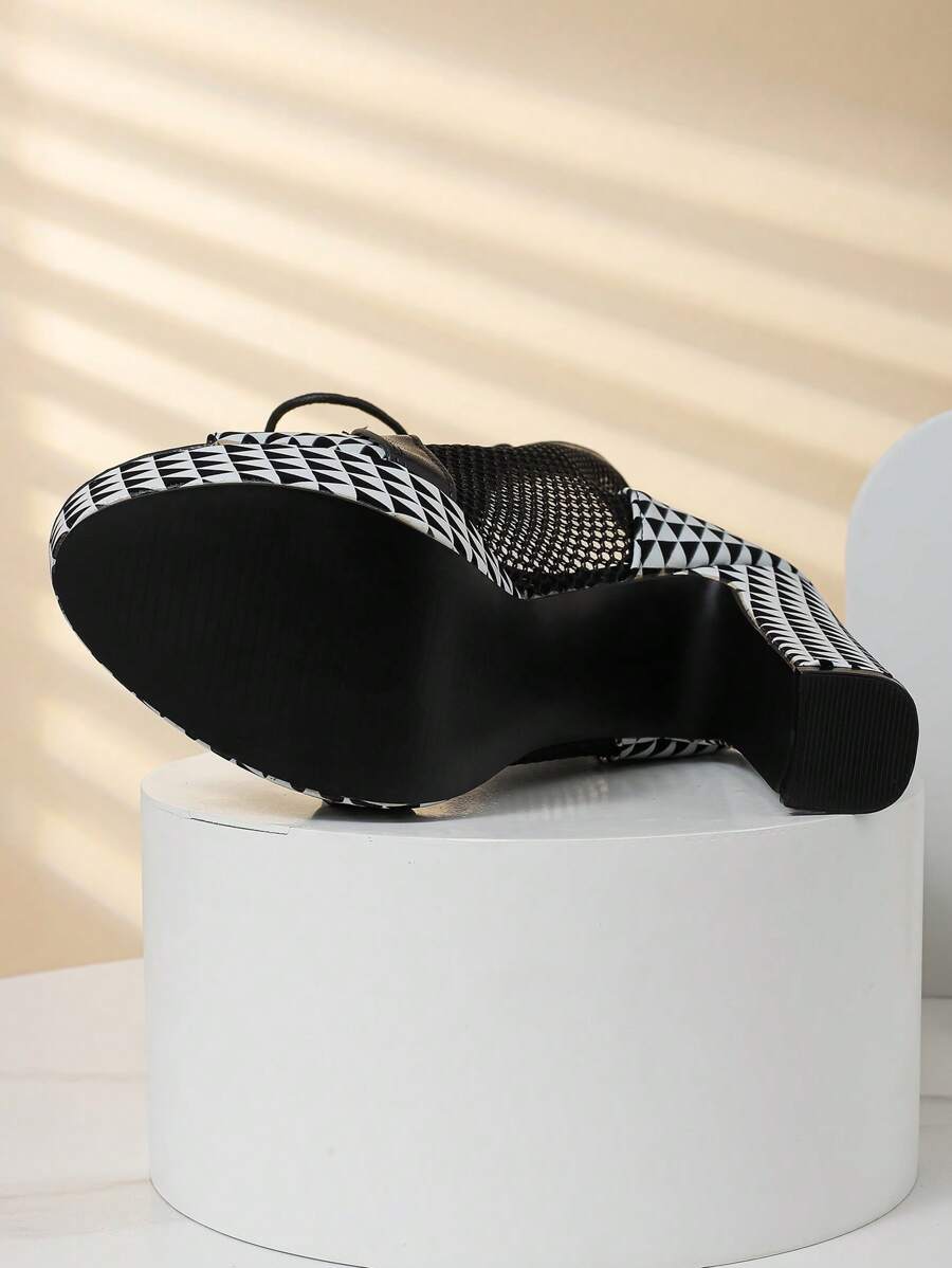 Women Triangle Pattern Peep Toe Chunky Heeled Sandals Boots ...