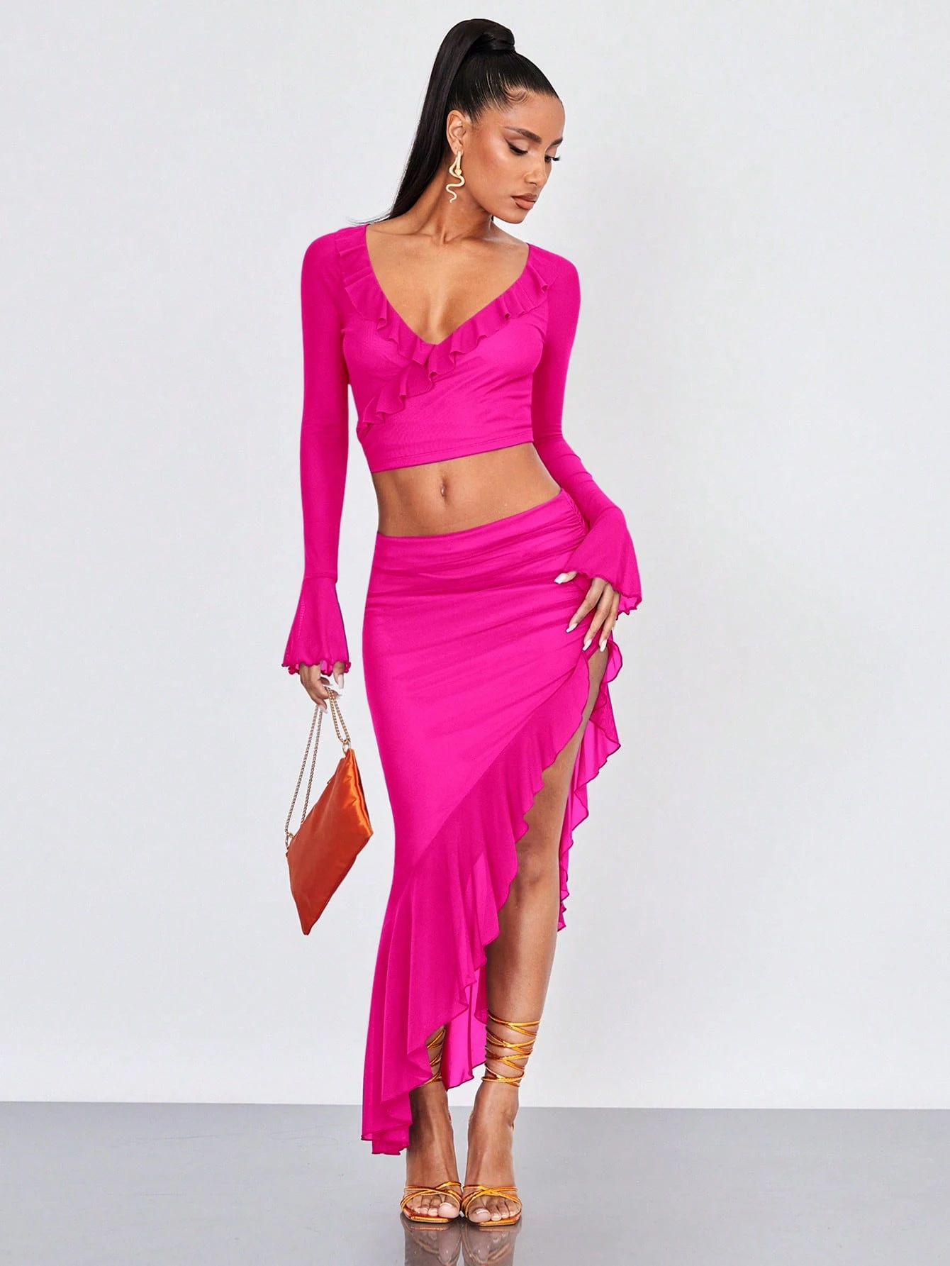 Shein Bae Ruched Ruffle Trim Split Thigh Skirt Shein Usa