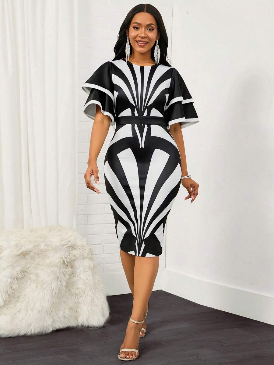 SHEIN Lady Graphic Print Butterfly Sleeve Bodycon Dress | SHEIN USA
