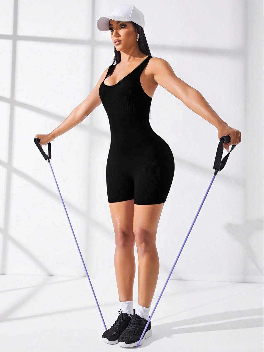 Yoga Basic Solid Rib-knit Seamless Sports Romper | SHEIN UK