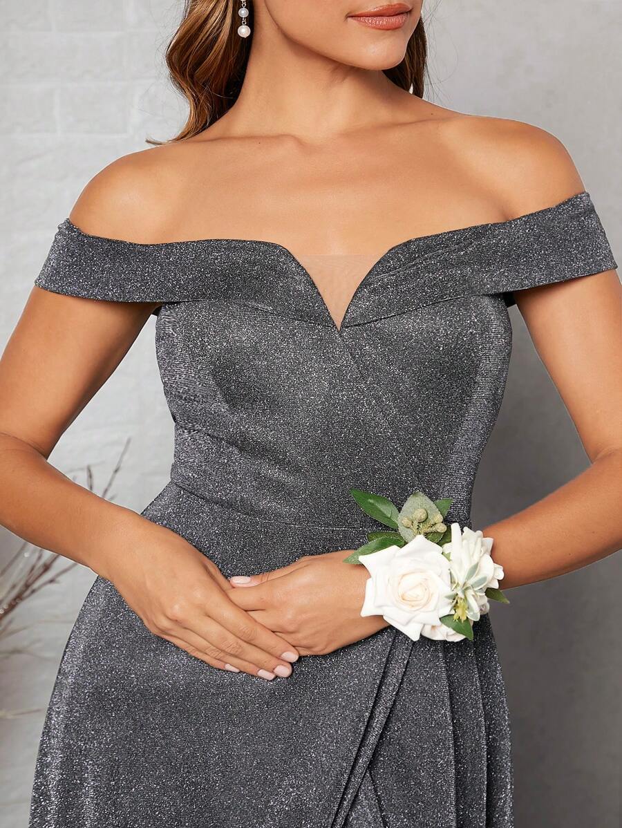 SHEIN Belle Off Shoulder Wrap Hem Glitter Party Dress Elegant Formal Evening Prom Wedding Guest ...