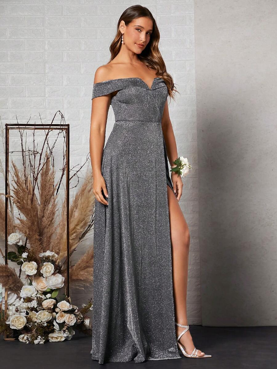 SHEIN Belle Off Shoulder Wrap Hem Glitter Party Dress Elegant Formal Evening Prom Wedding Guest ...