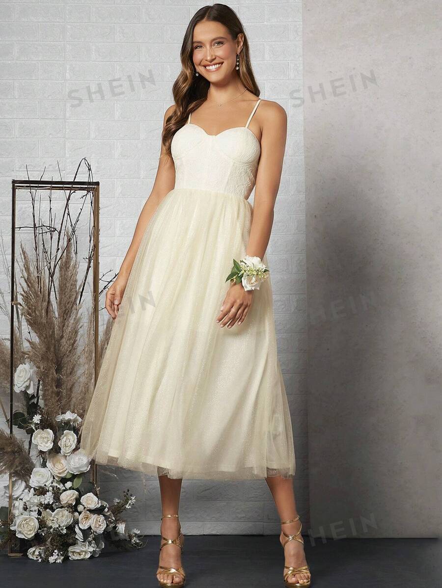 SHEIN Belle Mesh Hem Cami Wedding Dress | SHEIN USA