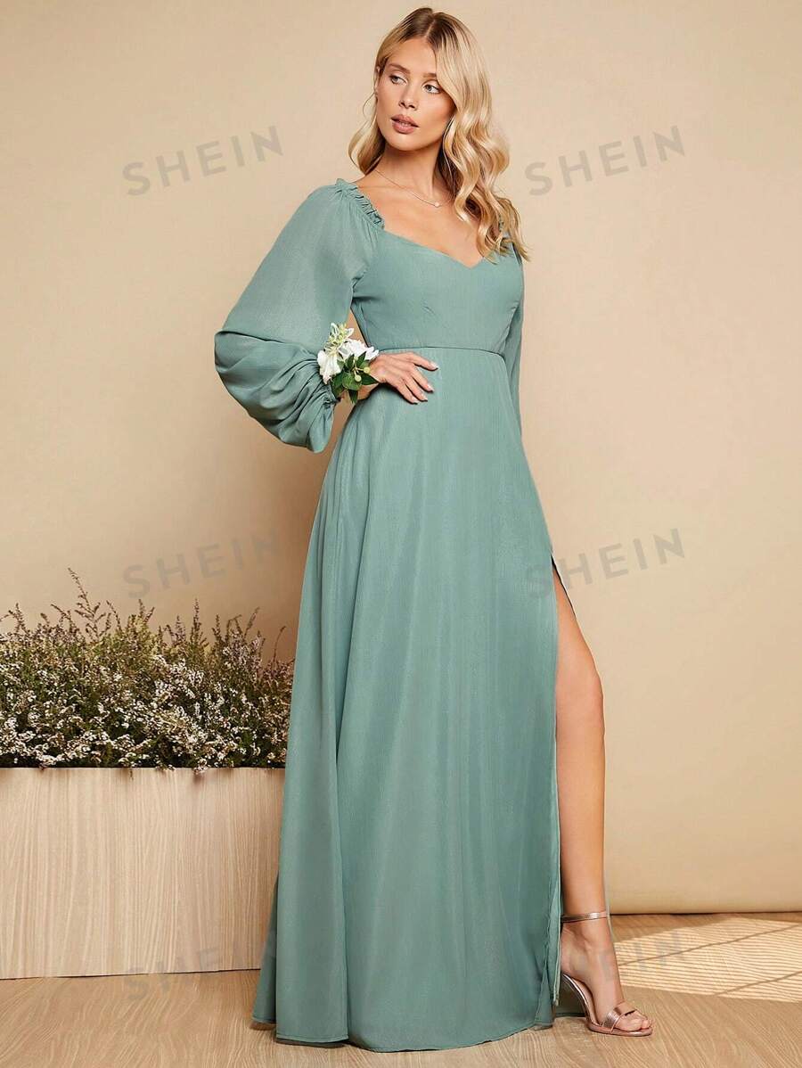SHEIN Belle Vestido escote corazón de manga farol de muslo con abertura ...