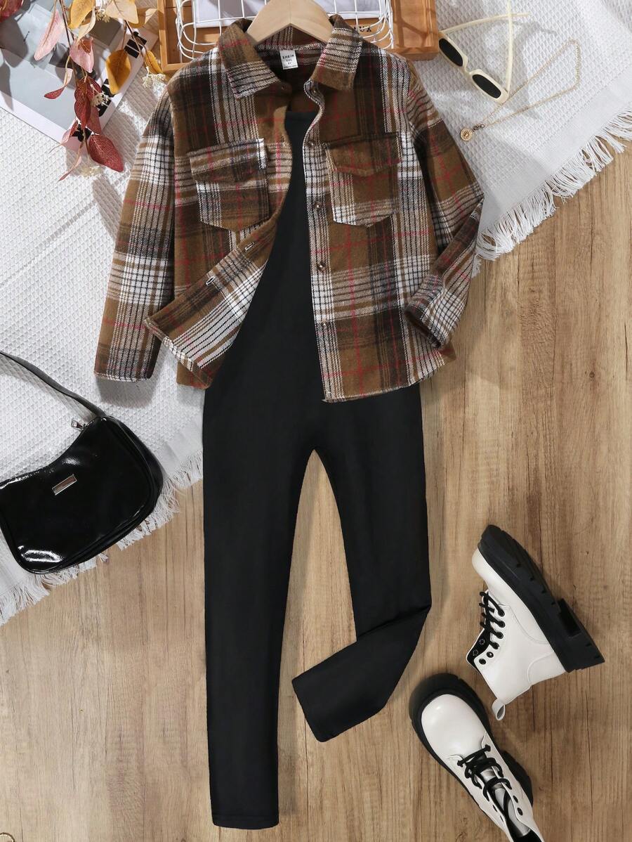 Shein Tween Girl Plaid Print Shirt And Cami Jumpsuit Shein Usa