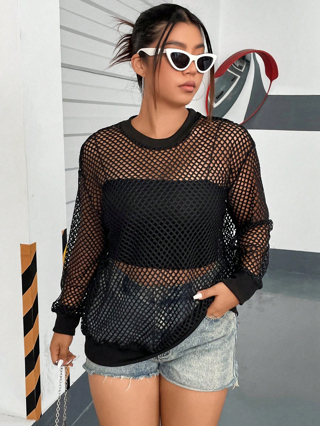 Plus Hollow Out Drop Shoulder Fishnet Mesh Top Without Tube Top | SHEIN USA