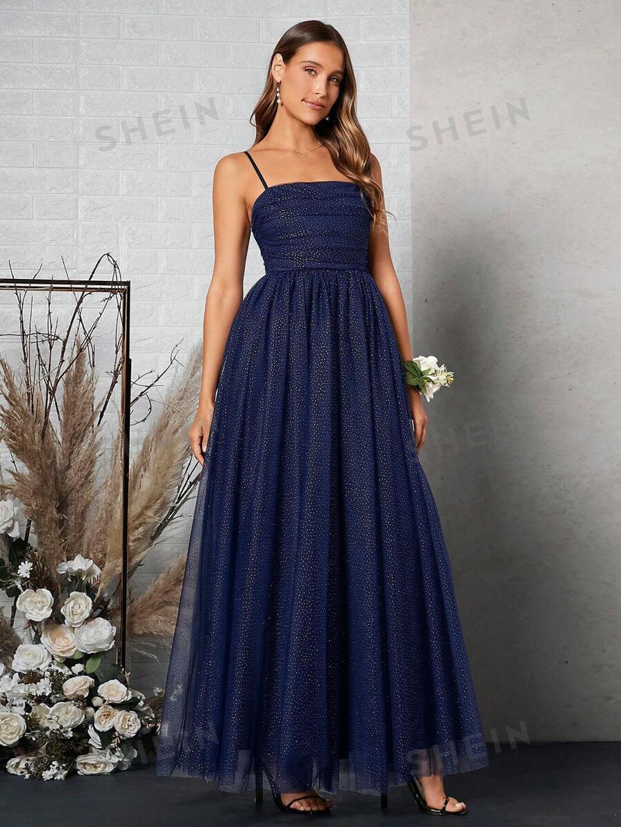 SHEIN Belle Ruched Mesh Overlay Cami Glitter Dress | SHEIN USA