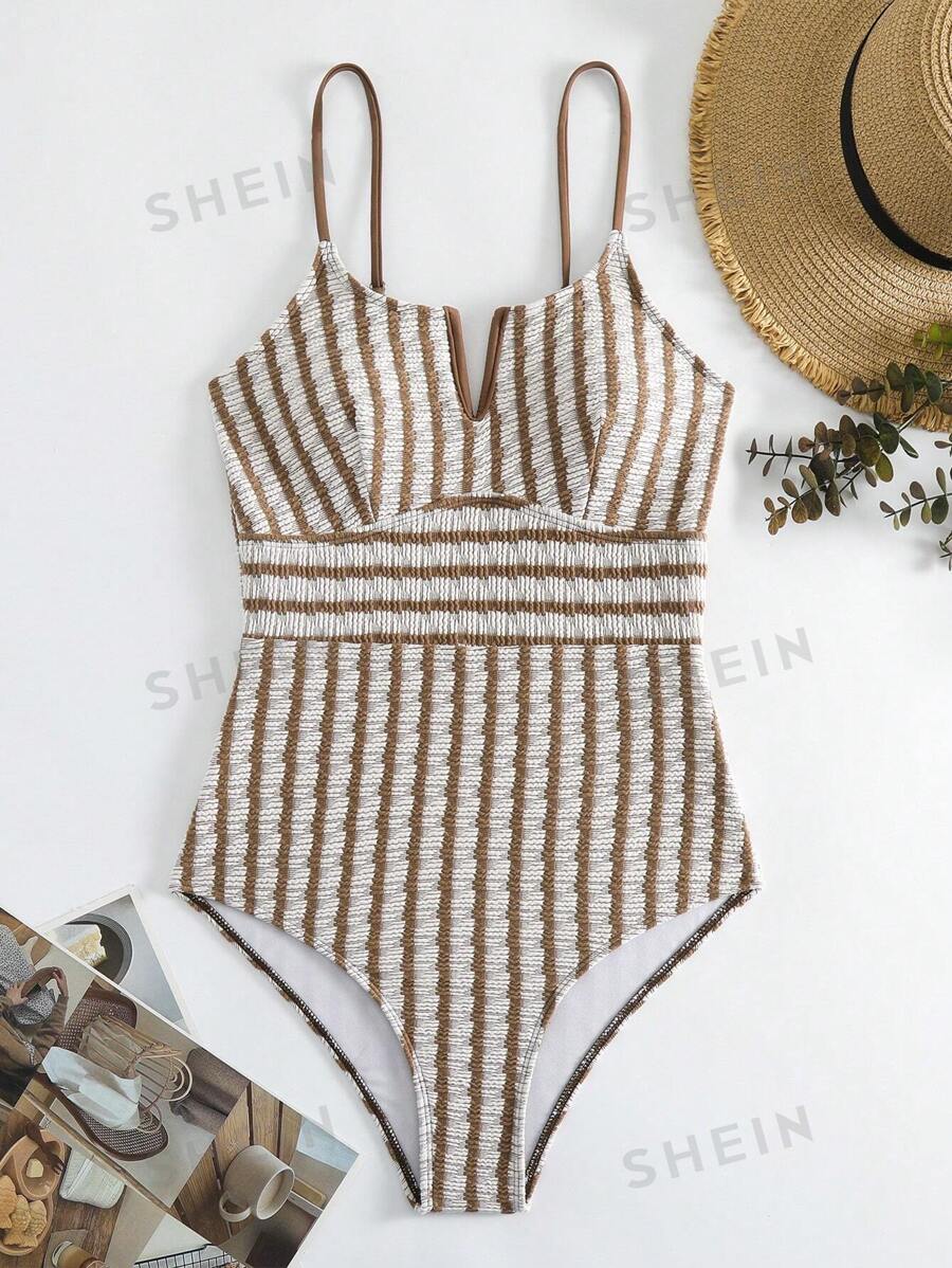 SHEIN Swim Vcay Striped Notched Neckline One Piece Swimsuit | SHEIN USA