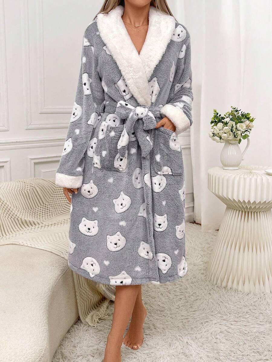Bear Print Belted Robe | SHEIN USA