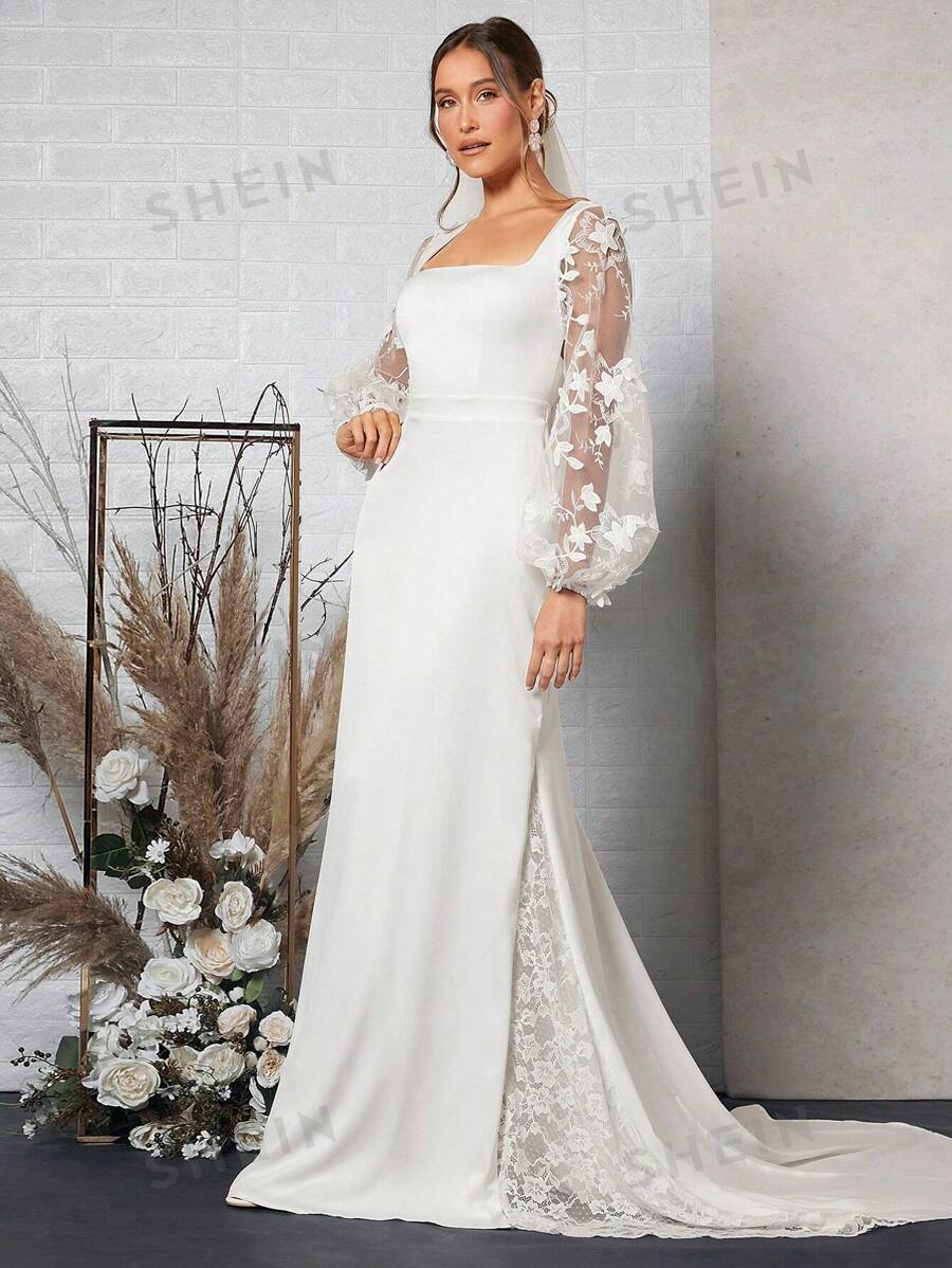 SHEIN Belle Contrast Mesh Lantern Sleeve Tie Backless Floor Length ...