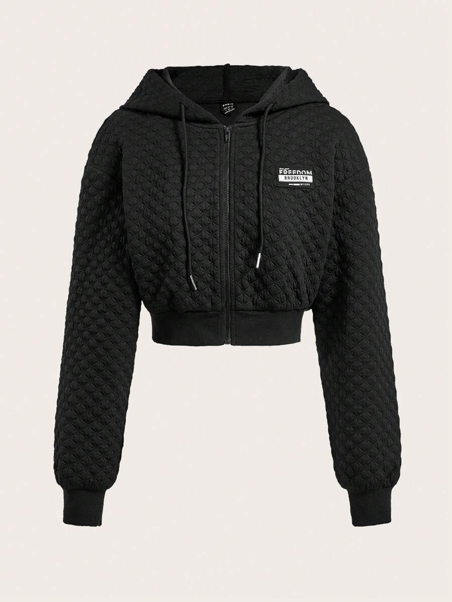 SHEIN EZwear Letter Patched Zip Up Crop Hoodie,Long Sleeve Tops In Fall ...