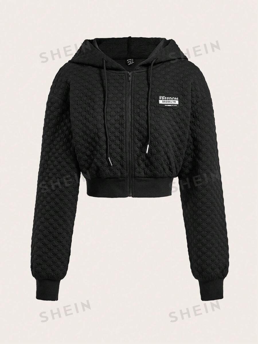 Shein Ezwear Letter Patched Zip Up Crop Hoodie Shein Usa