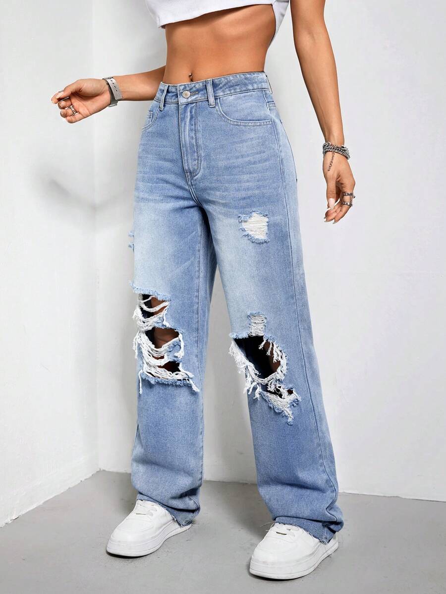 Shein Ezwear Ripped Straight Leg Jeans Shein Usa