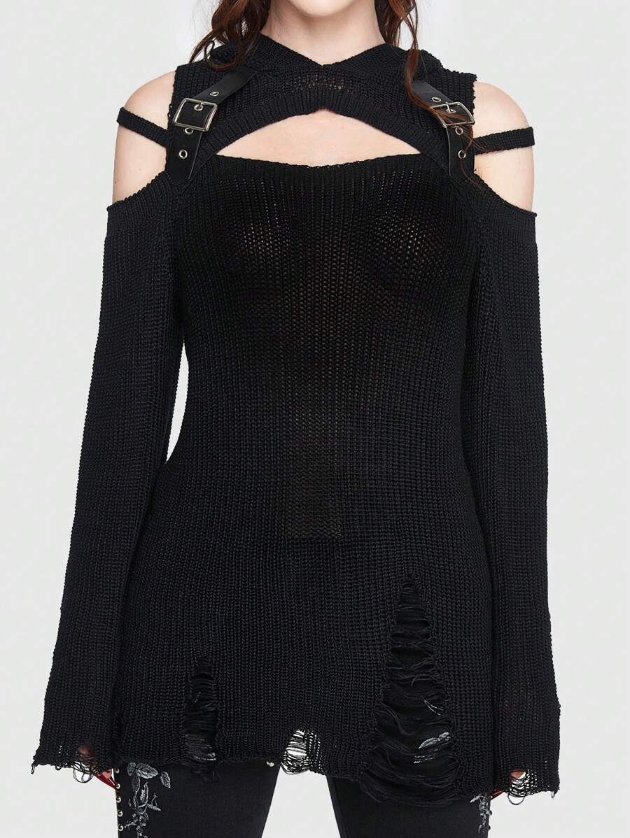 ROMWE Goth Cut Out Ripped Hooded Sweater | SHEIN UK
