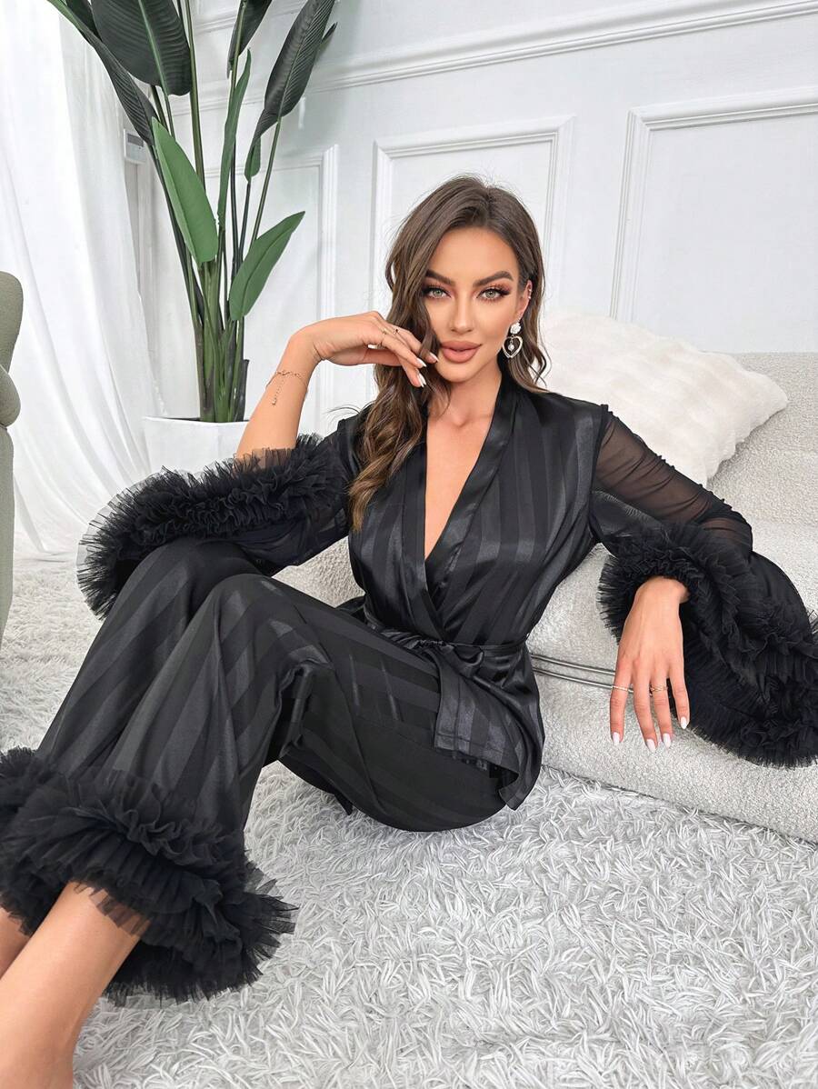 Fuzzy Trim Belted PJ Set / Pajama Set | SHEIN USA