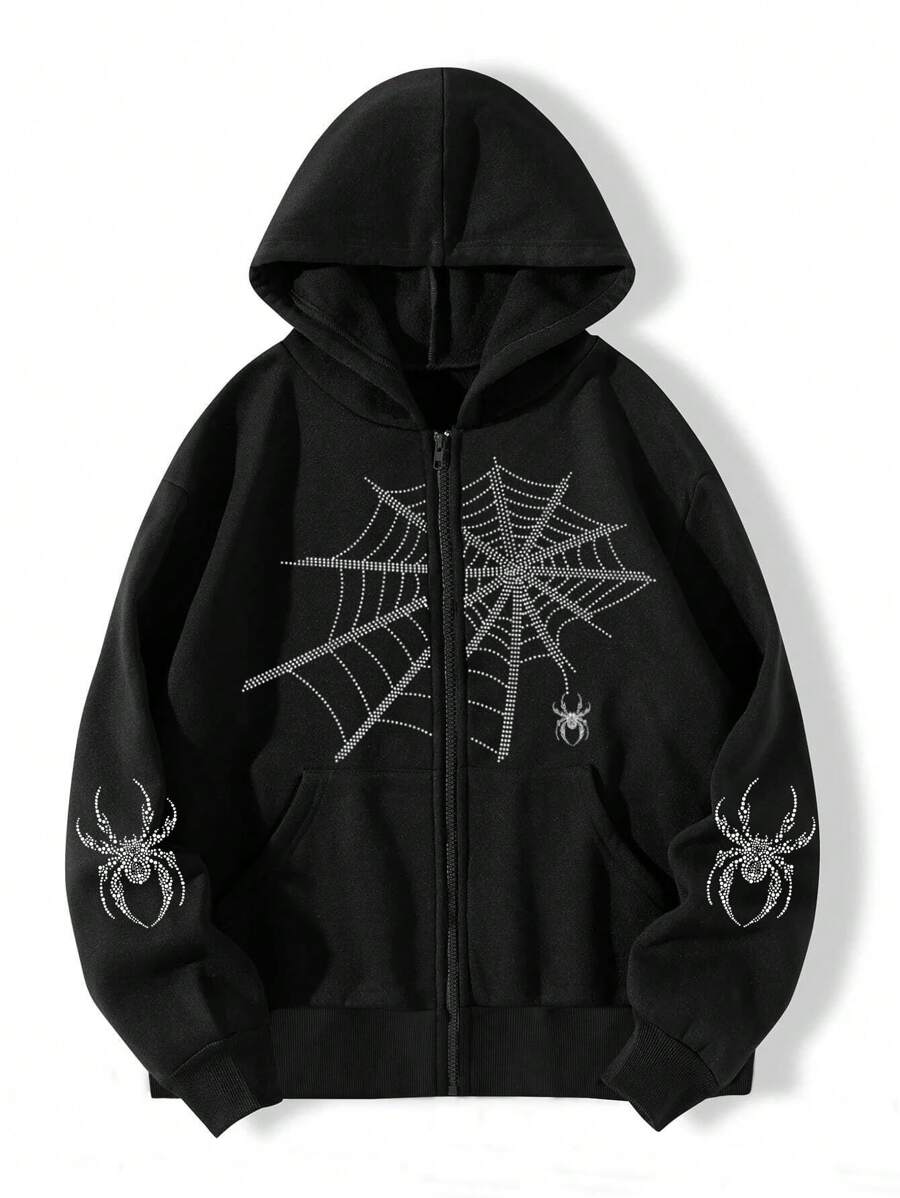 SHEIN MOOSTA Spider Web Rhinestone Zip Up Thermal Lined Hoodie | SHEIN USA