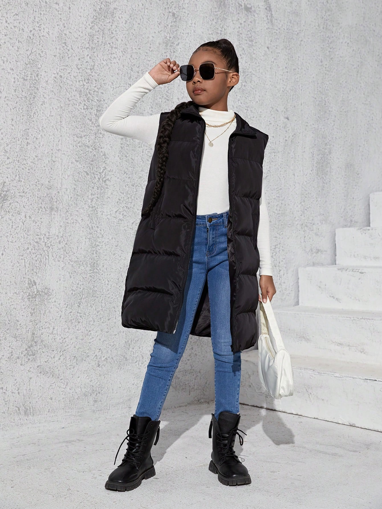 SHEIN Kids Cooltwn Tween Girl Zip Up Hooded Vest Puffer Coat | SHEIN UK