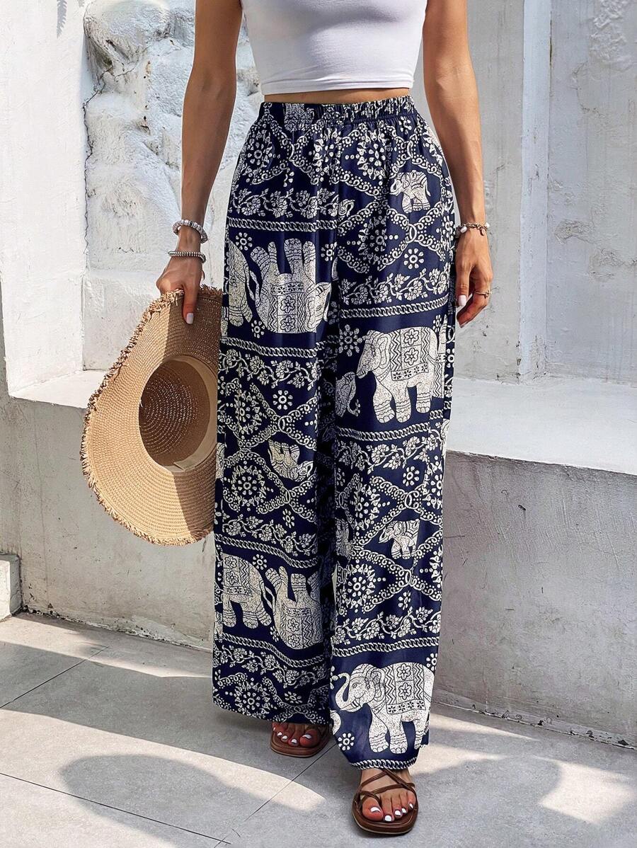 SHEIN Frenchy Elephant Print Wide Leg Pants Winter Chic Blue Spring ...