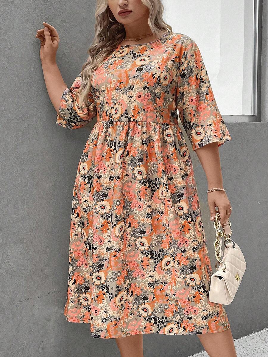 EMERY ROSE Plus Size Allover Floral Print Smock Dress Christmas Clothes Women | SHEIN USA