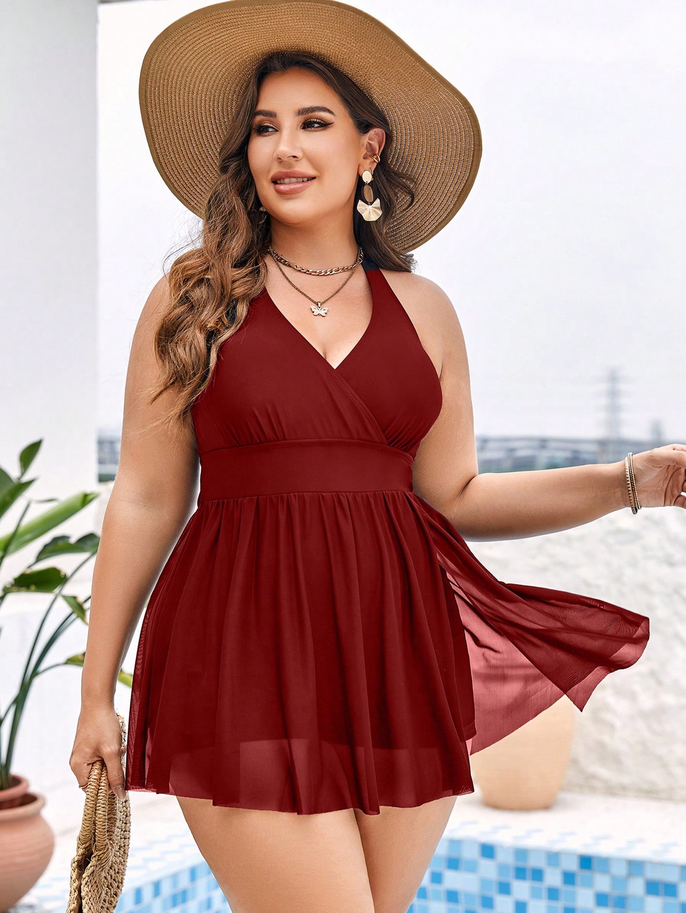 SHEIN Swim Classy Plus Halter Neck Backless One Piece Swimsuit | SHEIN USA