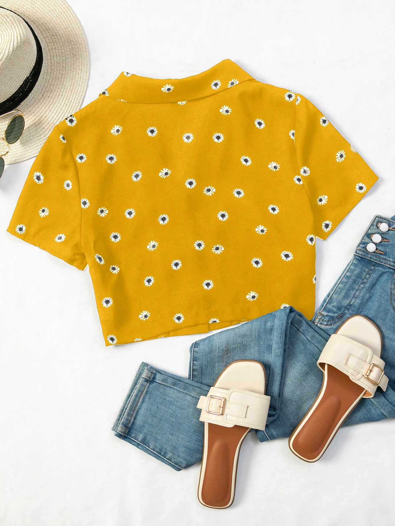 SHEIN WYWH Daisy Floral Print Button Front Crop Shirt | SHEIN USA