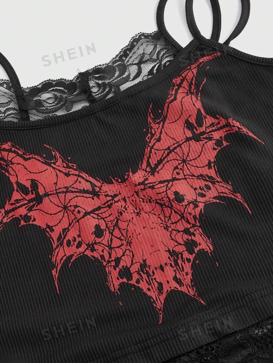 ROMWE Goth Bat Print Contrast Lace Cami Top | SHEIN UK
