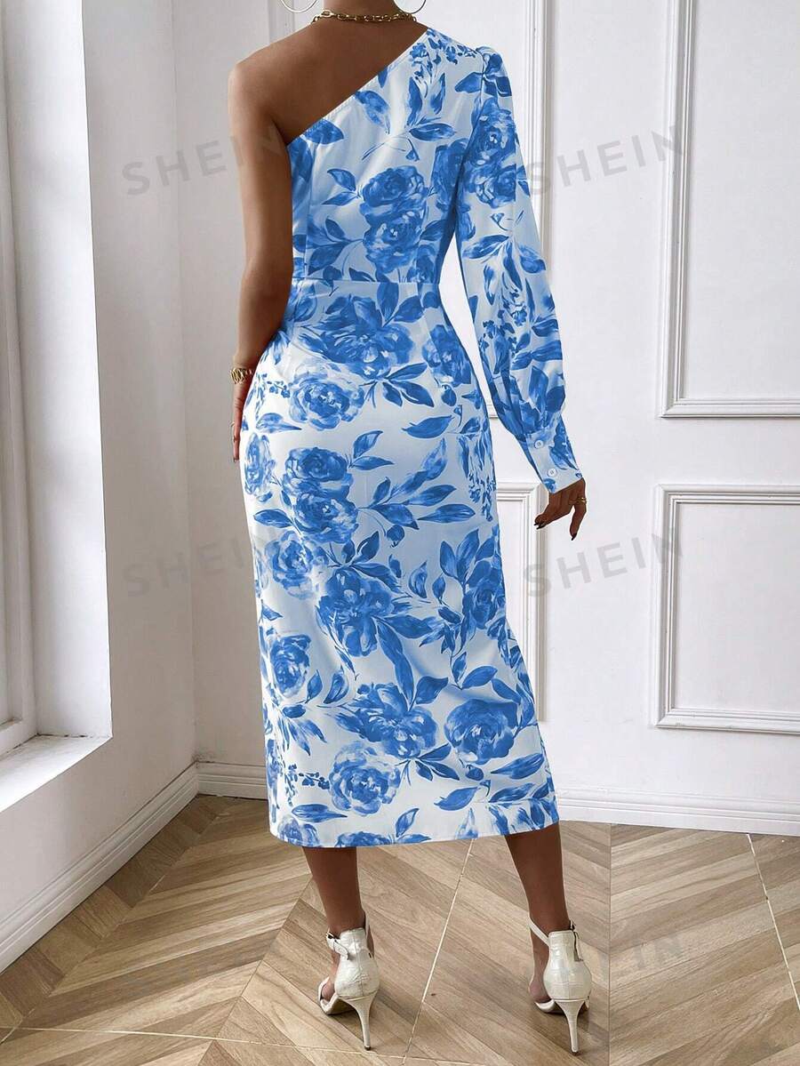 SHEIN Privé Floral Print One Shoulder Wrap Hem Dress for Sale Australia ...